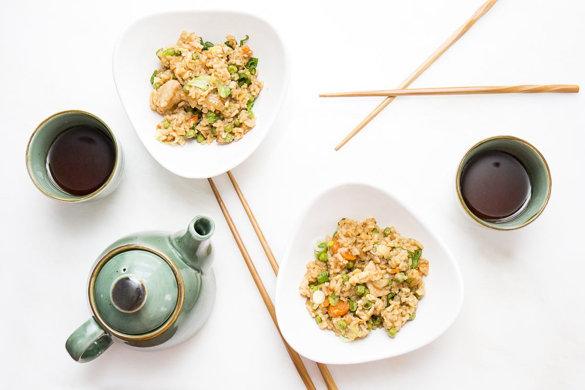 Free Photo: Chicken Fried Rice Served with Tea, Flatlay on White